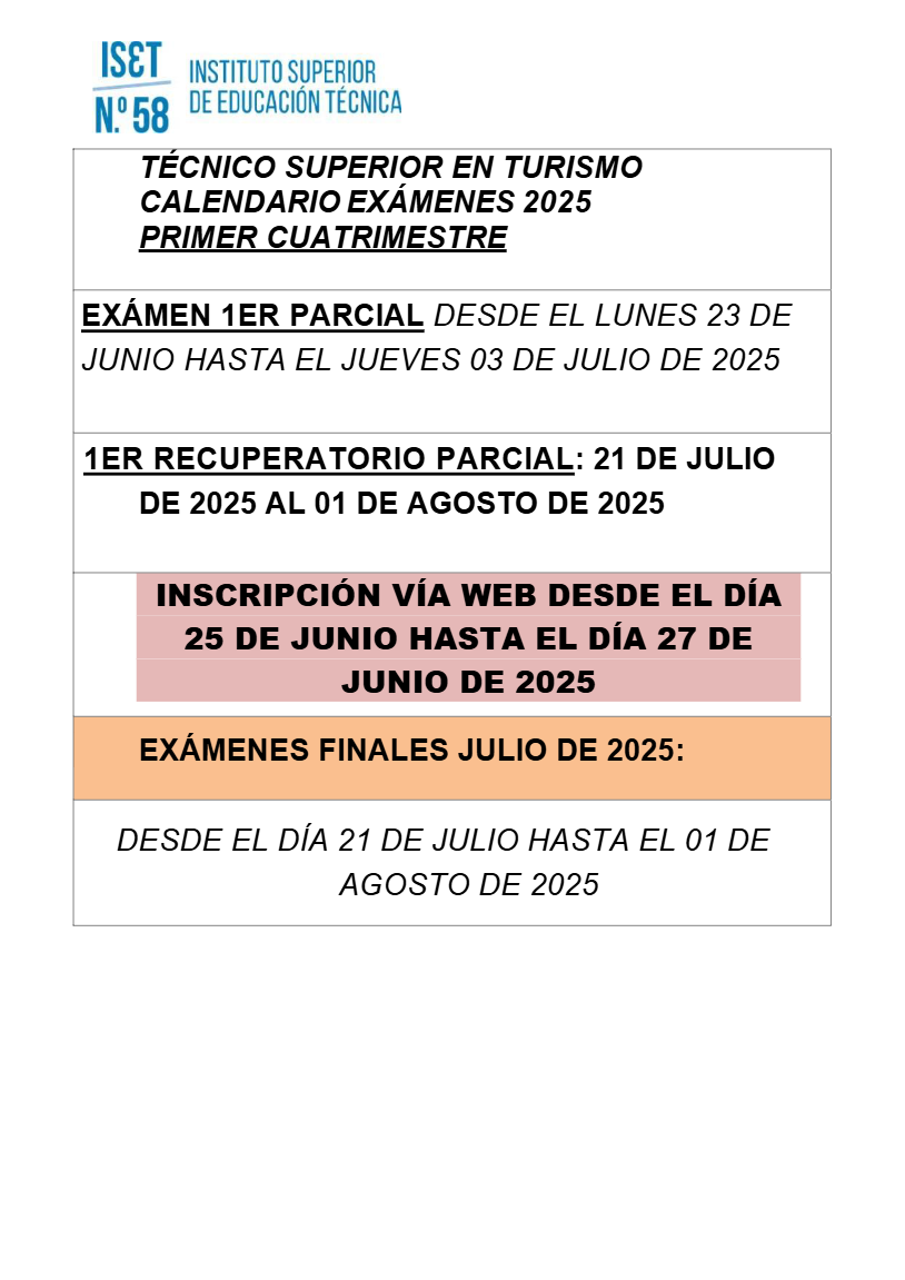 PARCIALES Y FINALES TÉCNICO SUPERIOR EN TURISMO 2025 – ISET 58